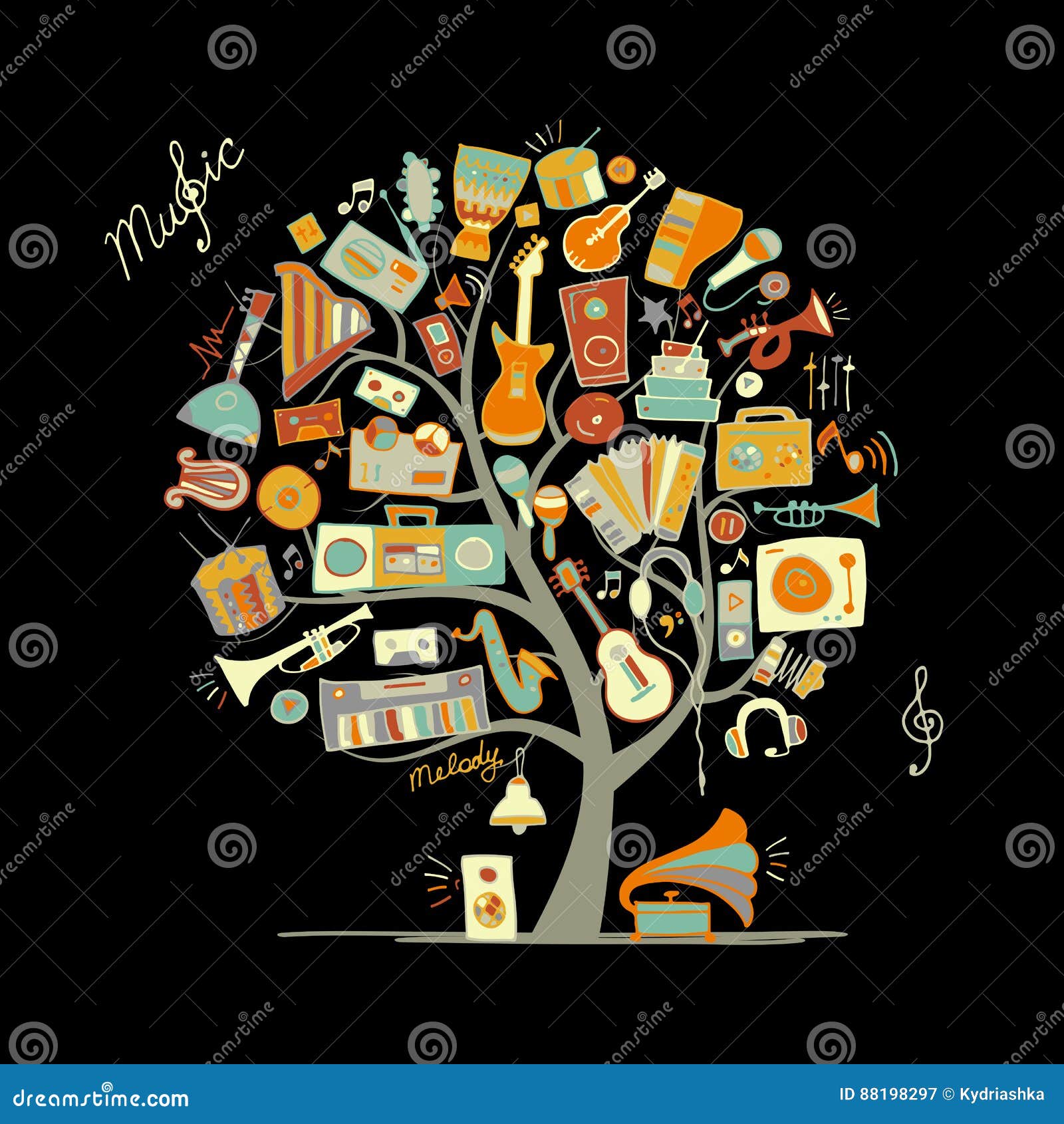 Music Instruments Tree, Sketch for Your Design Stock Vector ...