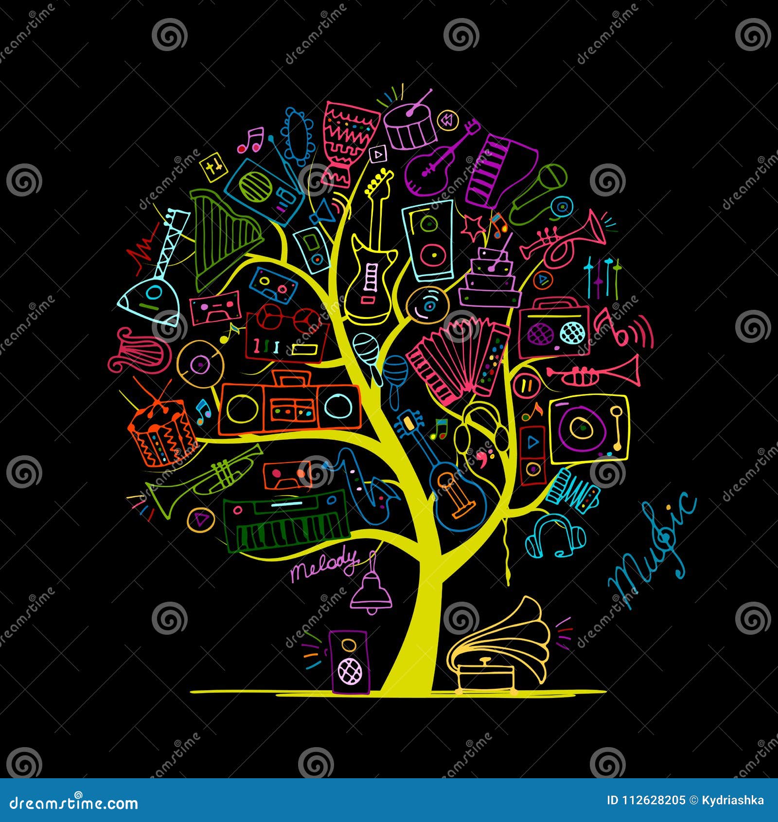 Music Instruments Tree, Sketch for Your Design Stock Vector ...