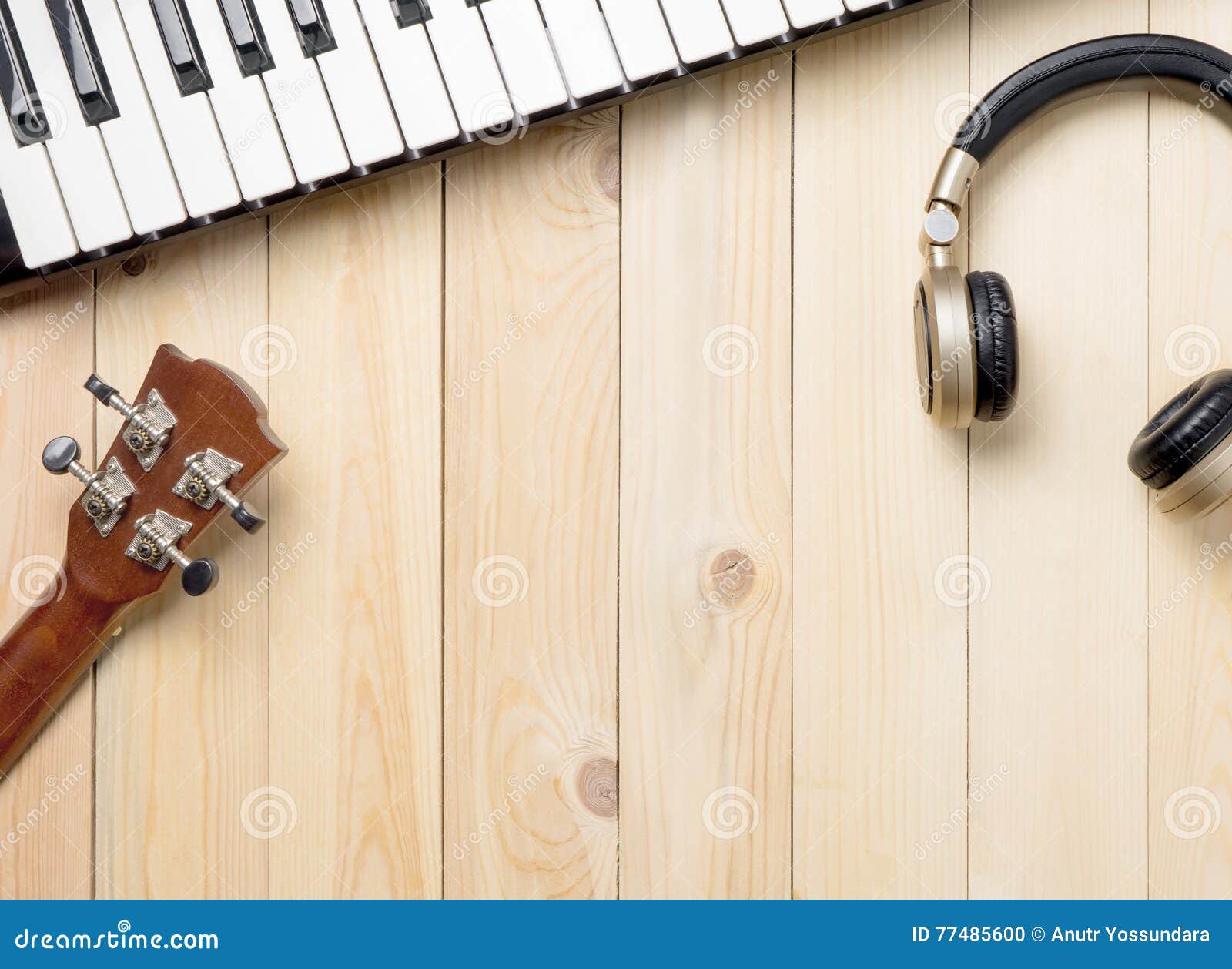 Music Instruments on Wooden Table Stock Photo - Image of headphone ...