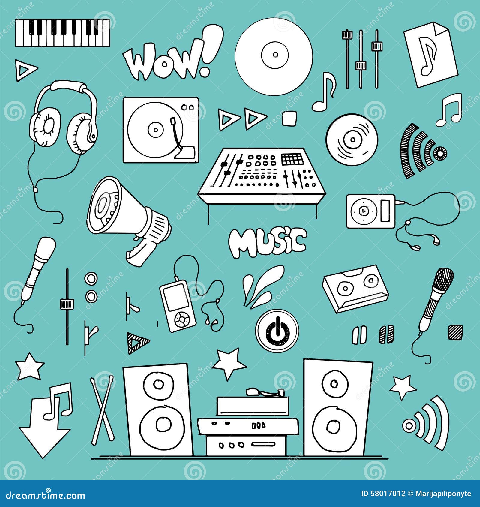 Music Items Doodle Icons Set. Hand Drawn Sketch With Notes, Instruments ...