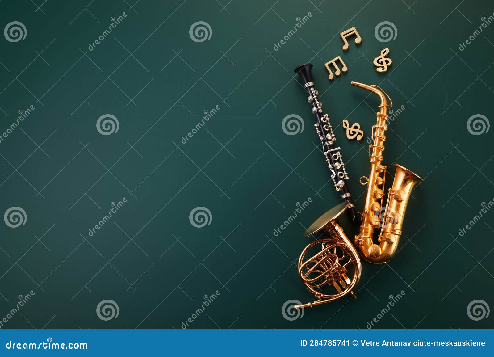 Music Lesson School Education Concept. Wind Instruments on Green ...