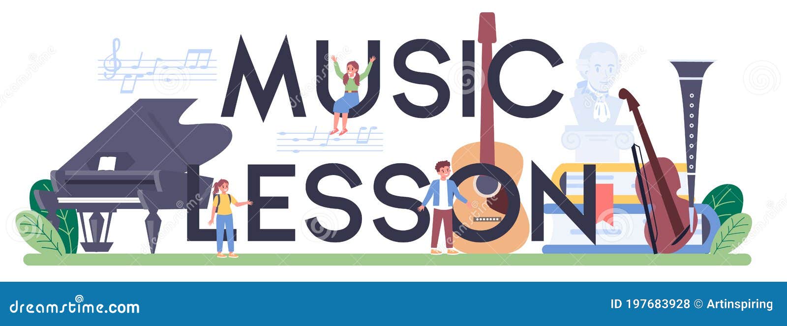 Music Lesson Typographic Header. Young Performer Playing Music Stock ...