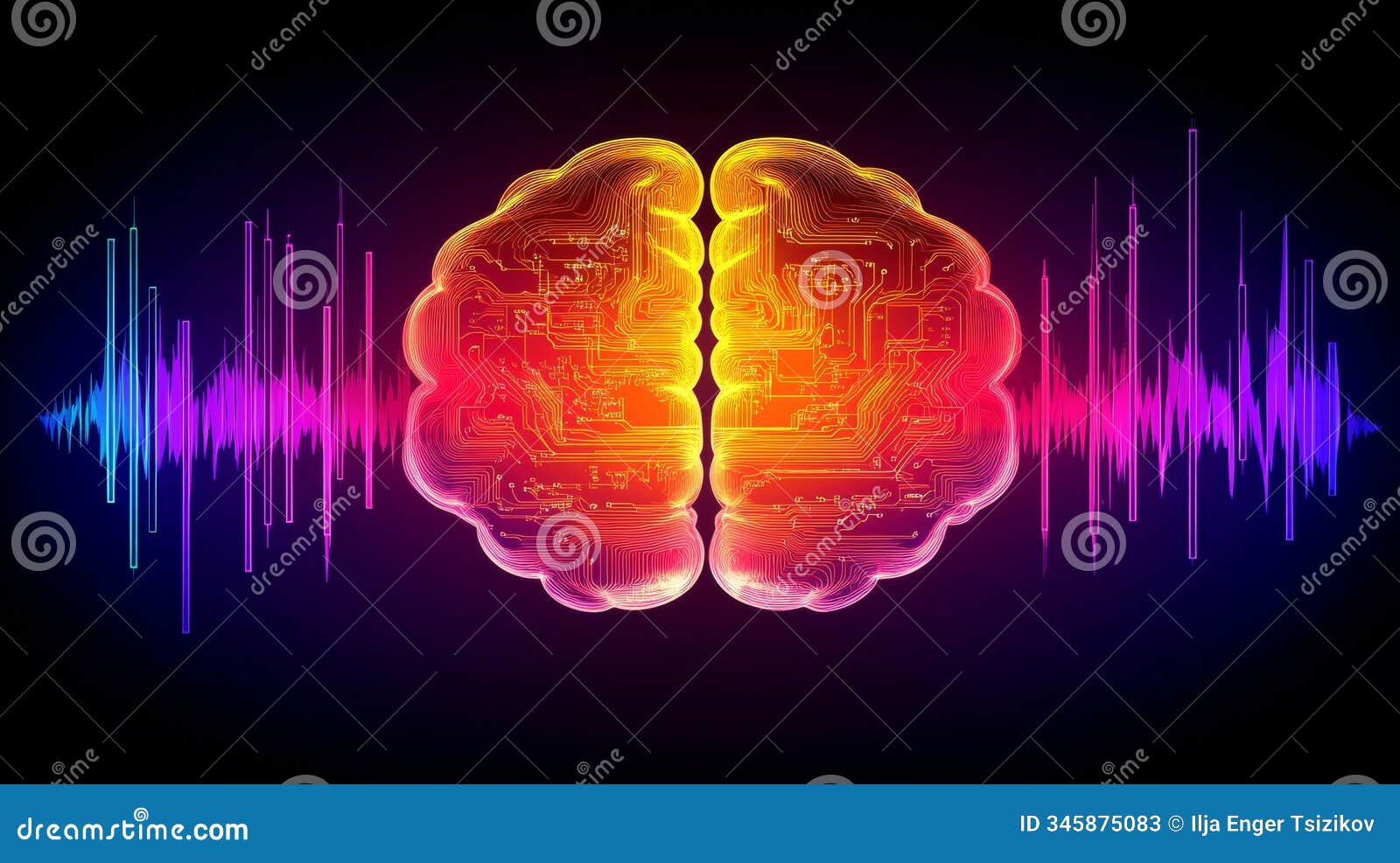 Music And Memory Abstract Synthwave Illustration Of Human Brain As ...