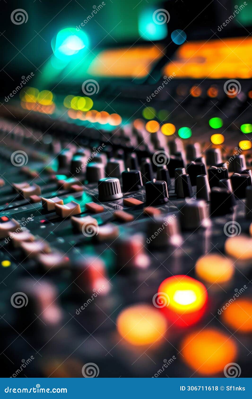 Music Mixer Console with Illuminated Knobs and Sliders in a Dimly Lit ...