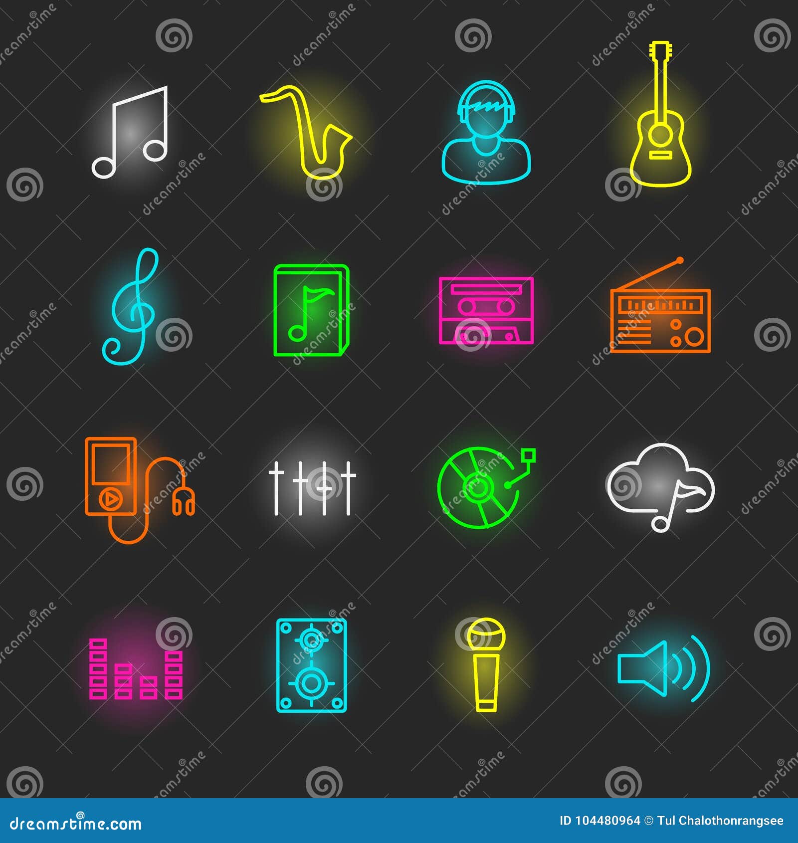 Music neon icon set stock vector. Illustration of design - 104480964