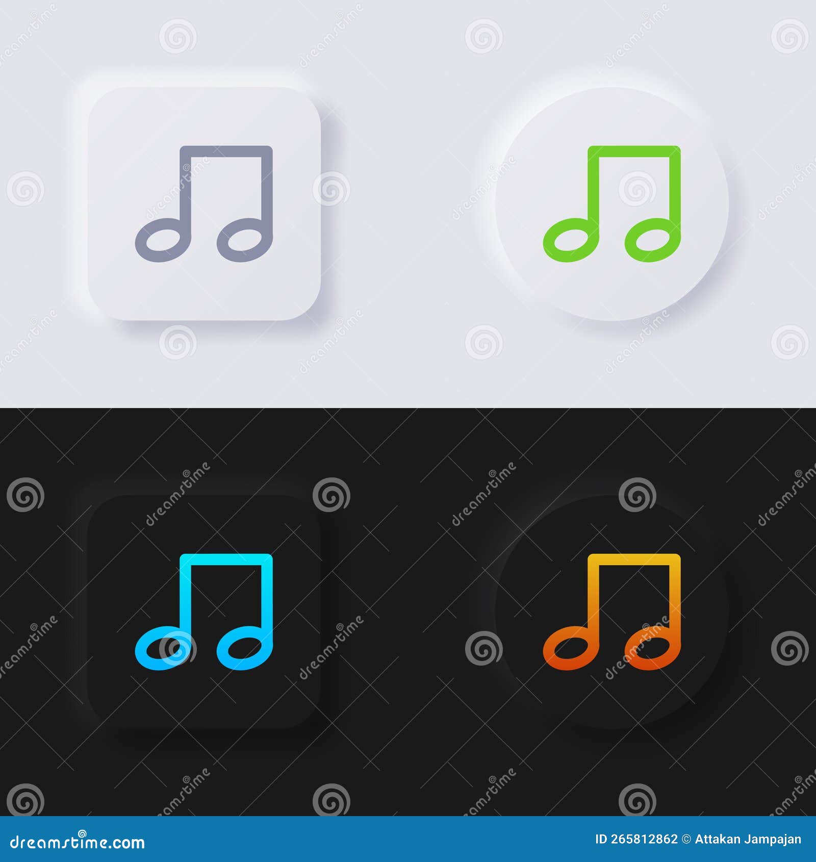 Music Note Button Icon Set, Multicolor Neumorphism Button Soft UI ...