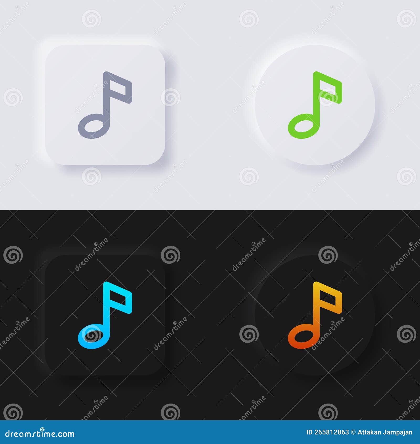 Music Note Button Icon Set, Multicolor Neumorphism Button Soft UI ...