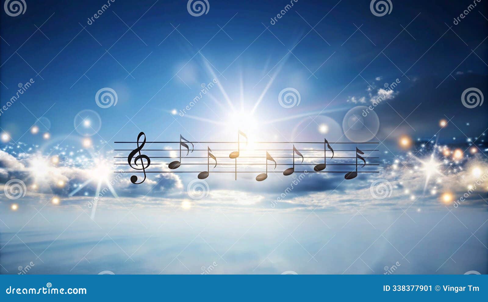 Music Notes in a Blue Sky with the Sun Shining through Clouds Stock ...