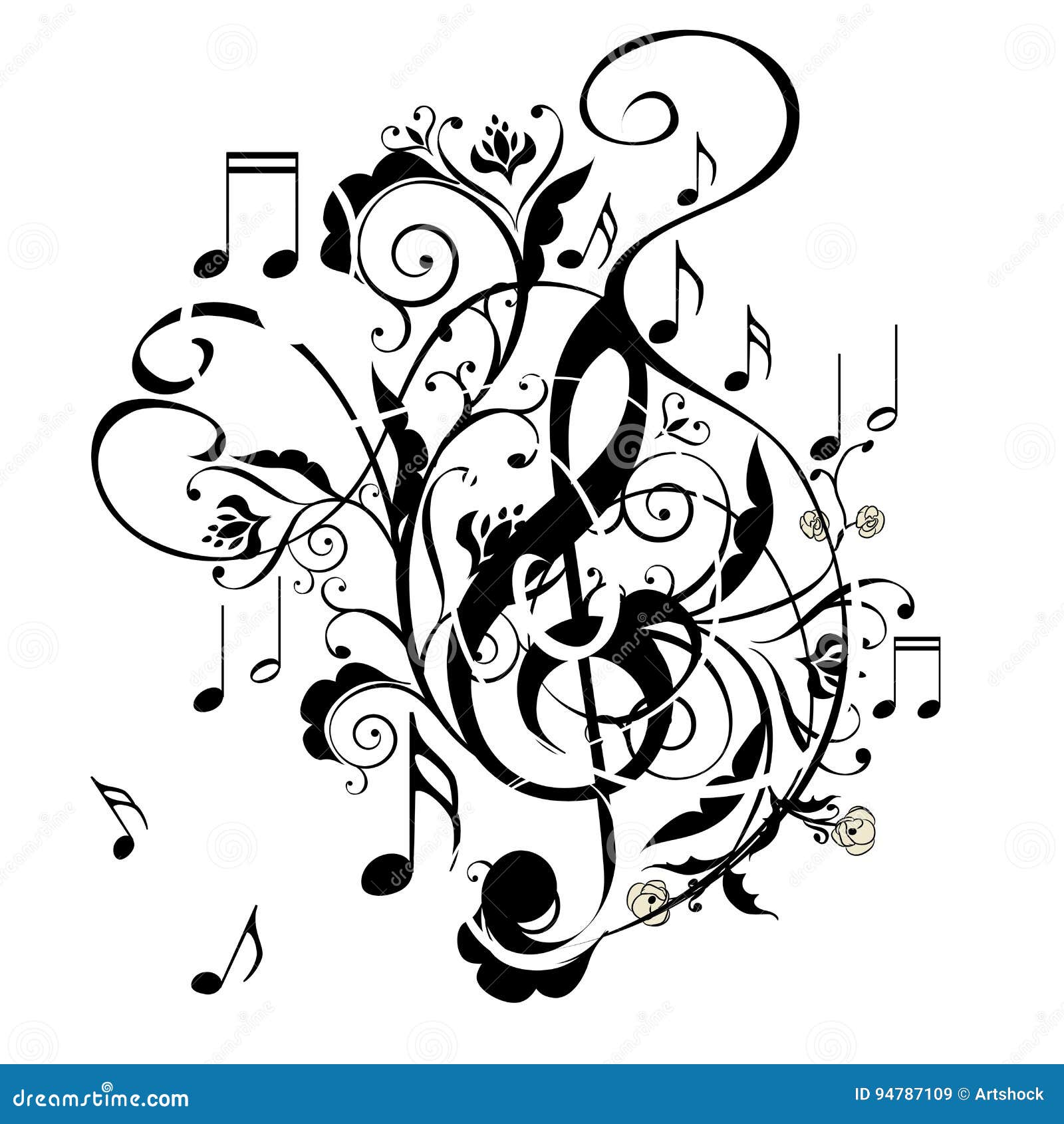 Music Notes Floral Ornament Stock Vector - Illustration of musical ...