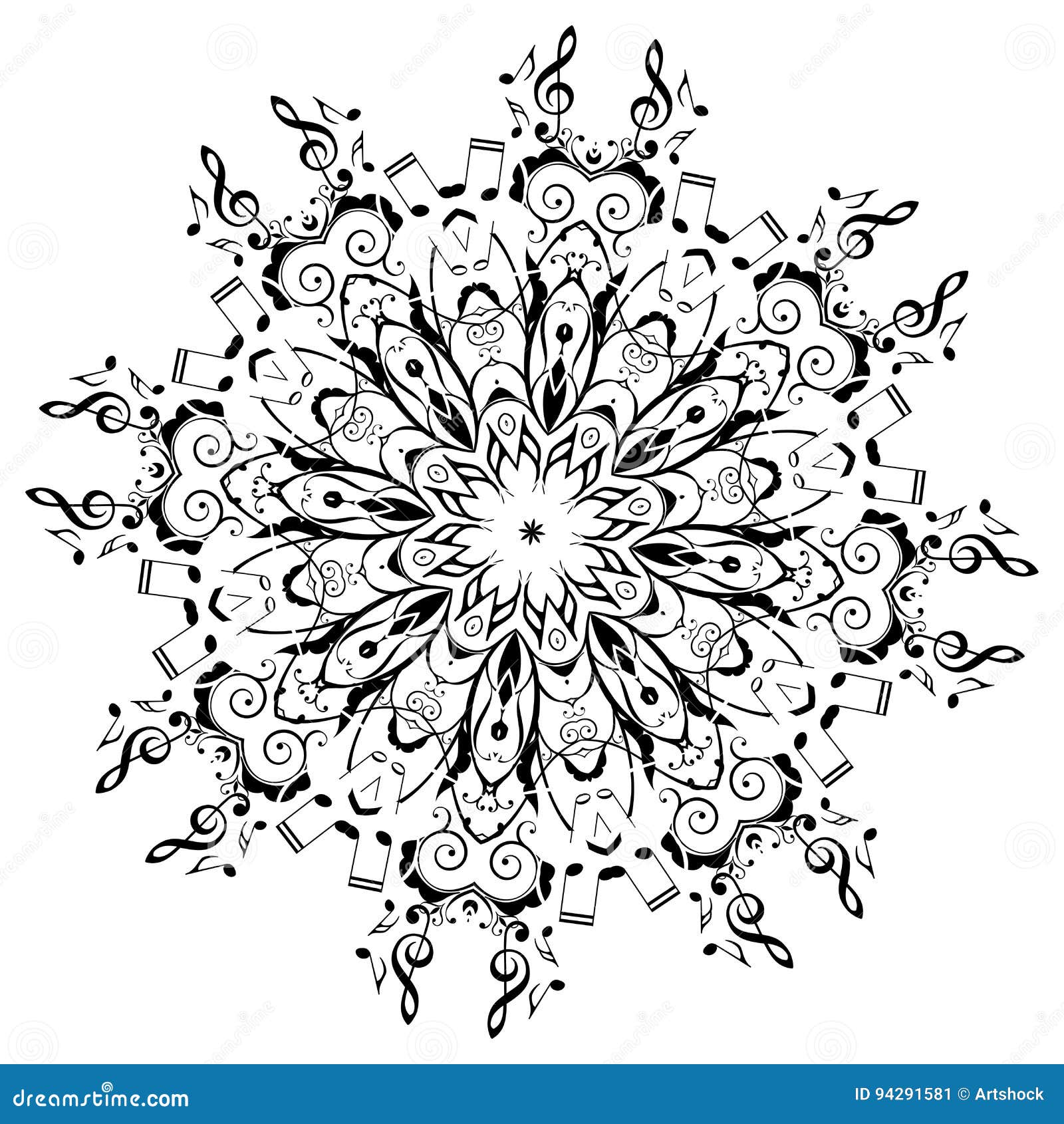 Music Notes Round Floral Ornament Stock Vector - Illustration of swirl ...
