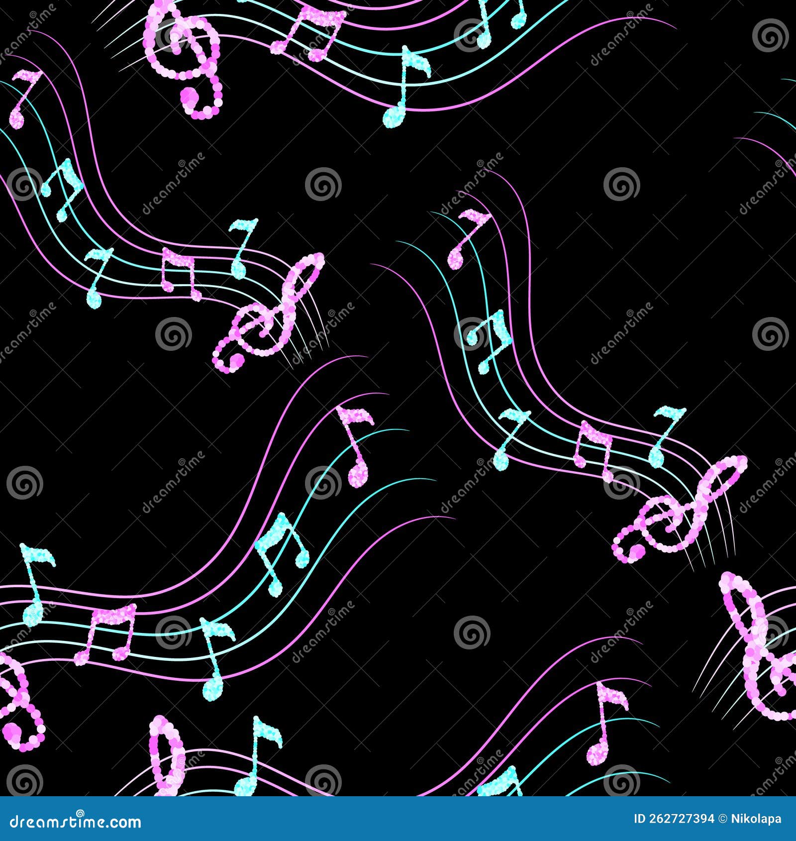 Music Notes Seamless Pattern. Wavy Notes and Treble Clef. Glitter Print ...