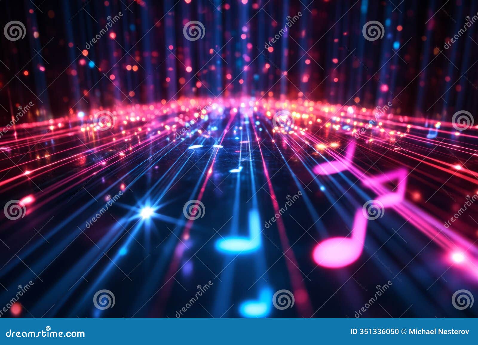 Music Notes are Streaming on a Digital Data Stream with Glowing Pink ...