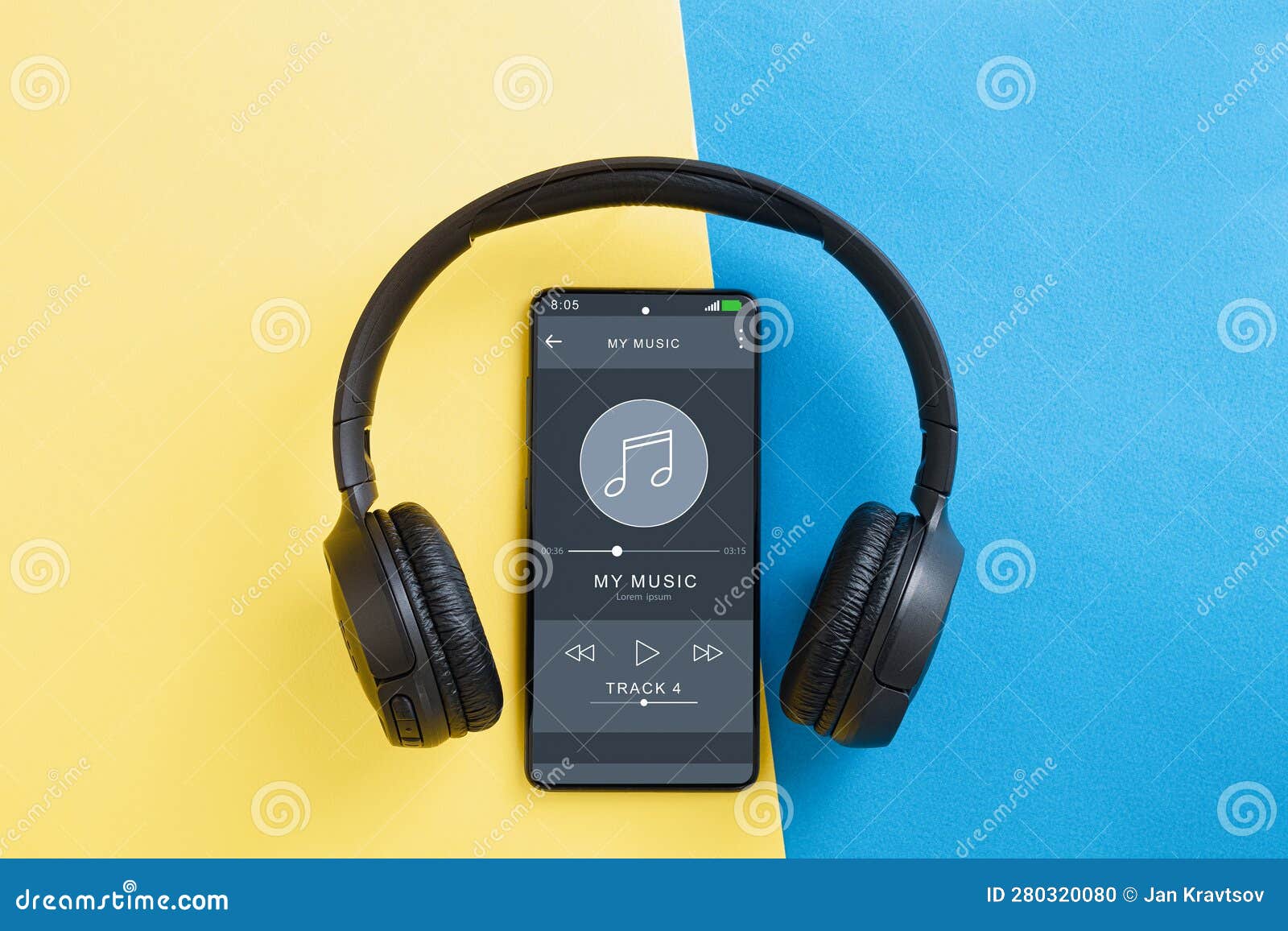 Music Player in Phone, Wireless Headphones and Phone Stock Photo ...
