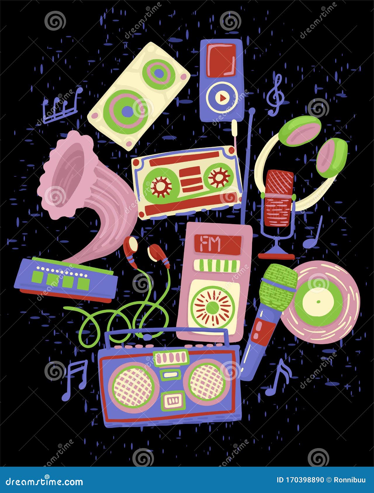 80s Music. Retro Receivers, Cassette, Speaker, Headphones, Microphone ...