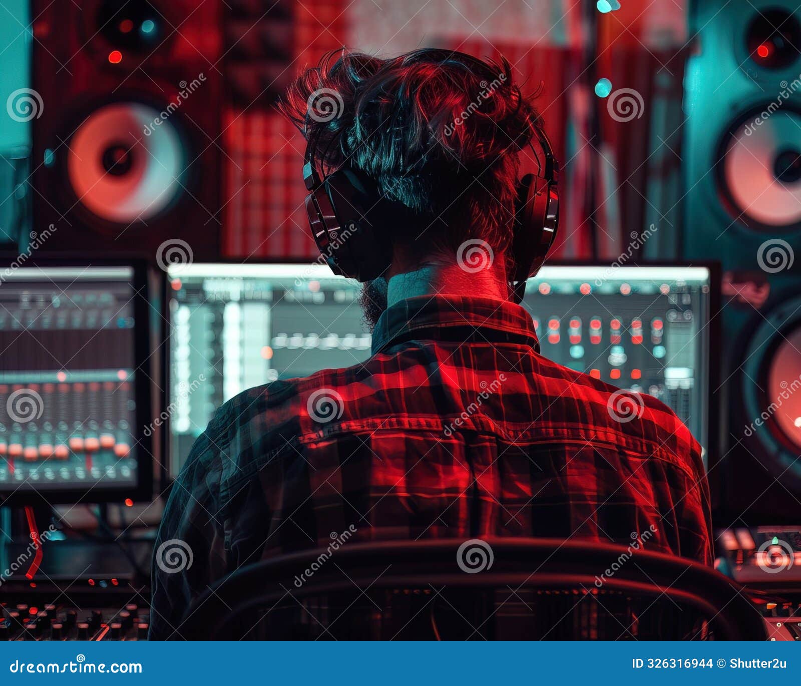 A Music Producer Works in a Recording Studio Focusing on the Computer ...