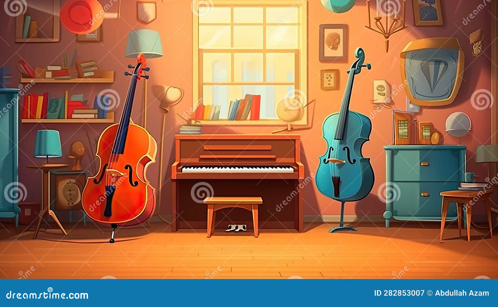 Music Room With Musical Instruments Cartoon Illustration Ai Generative Stock Illustration
