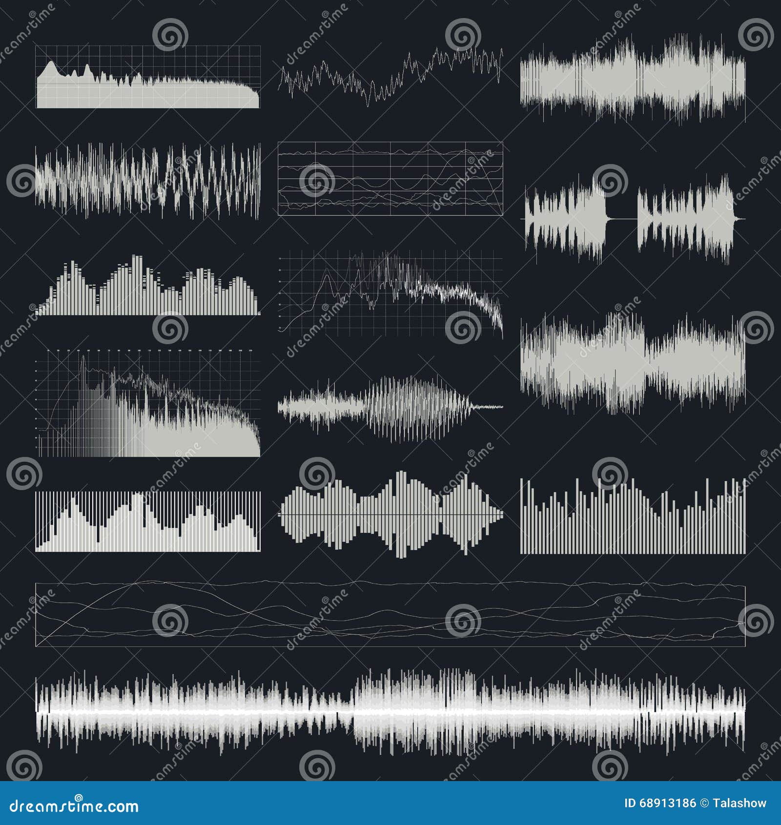 Music Sound Waves Vector Set Isolated on a Dark Background. Stock ...