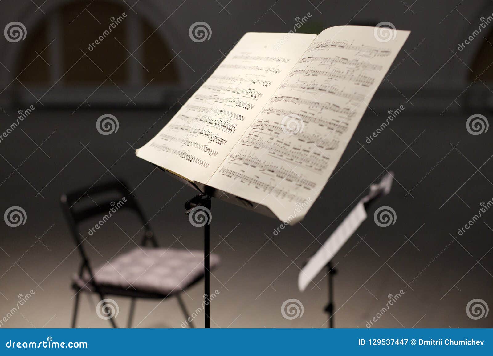 Music Stand with Notes and Chair on the Stage Stock Image - Image of ...