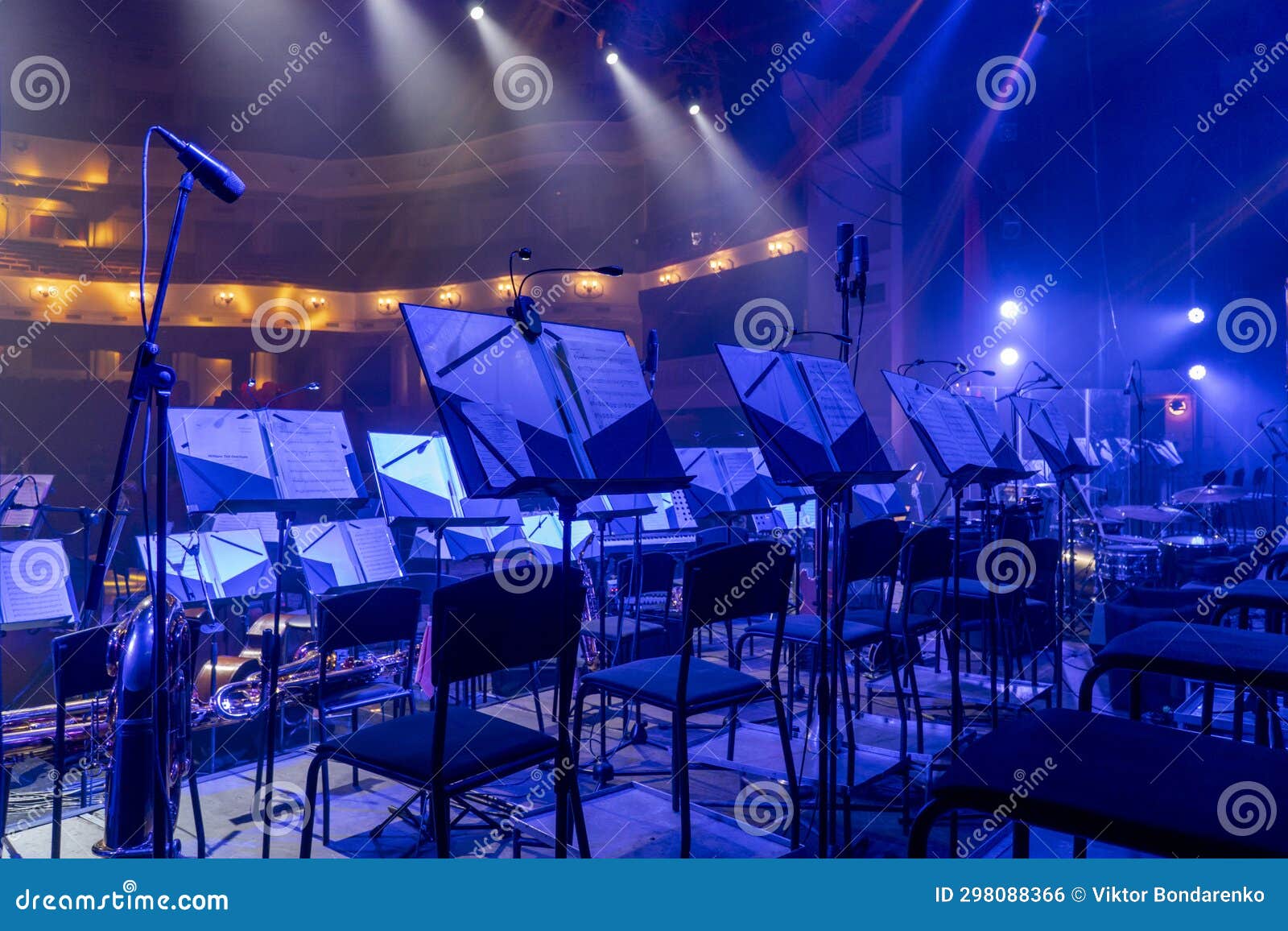 Music Stands with Orchestral Notes in the Concert Hall Editorial Photo ...