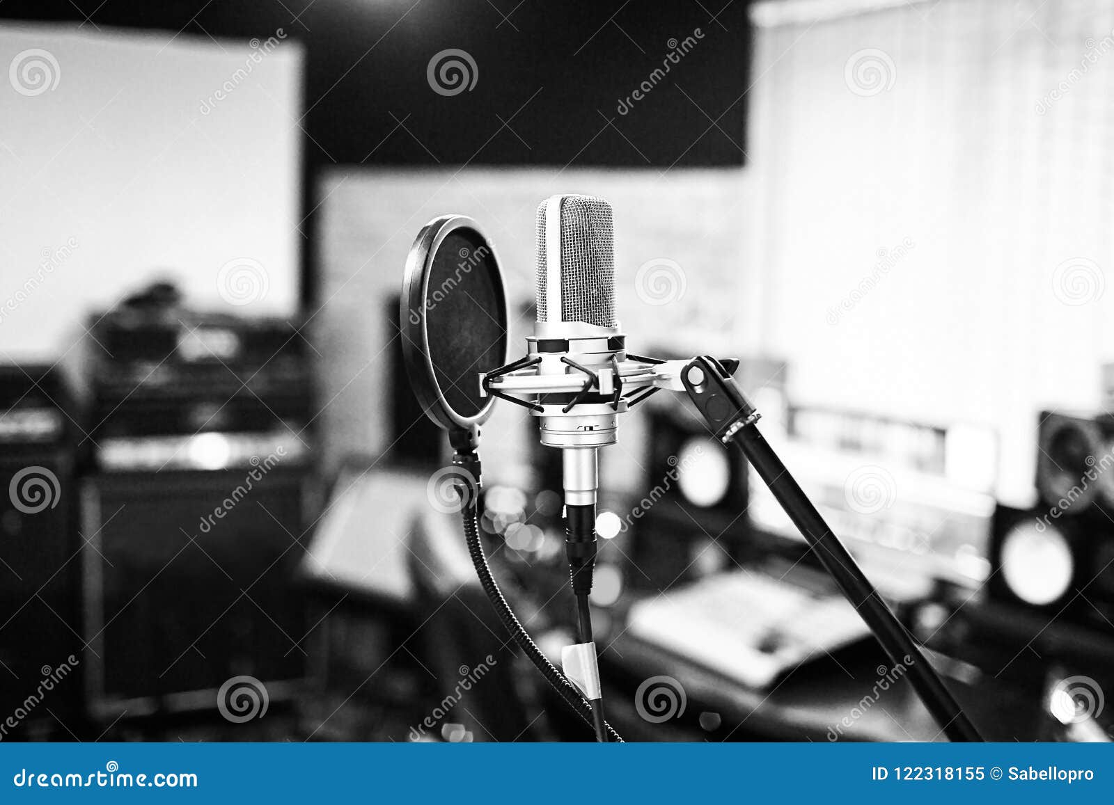 Music Studio. Condenser Microphone. BW Stock Image - Image of device ...