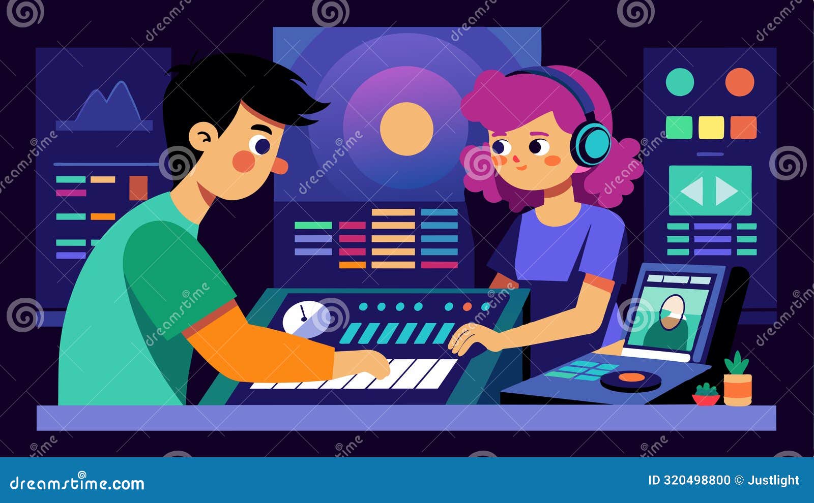 In a Music Studio Two Teens Sit at a Mixing Board with Their Laptops ...