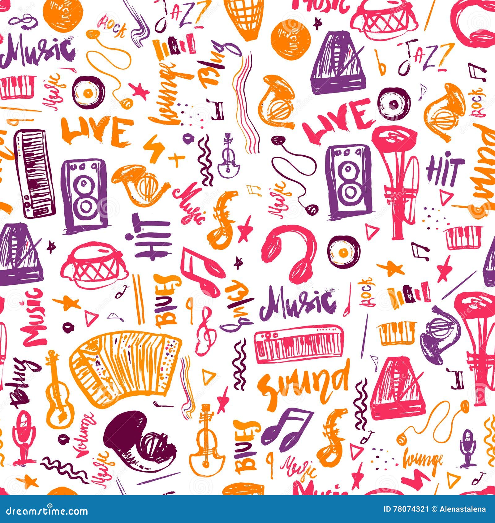 Music Symbols Funny Hand Drawn Seamless Pattern with Elemens and ...