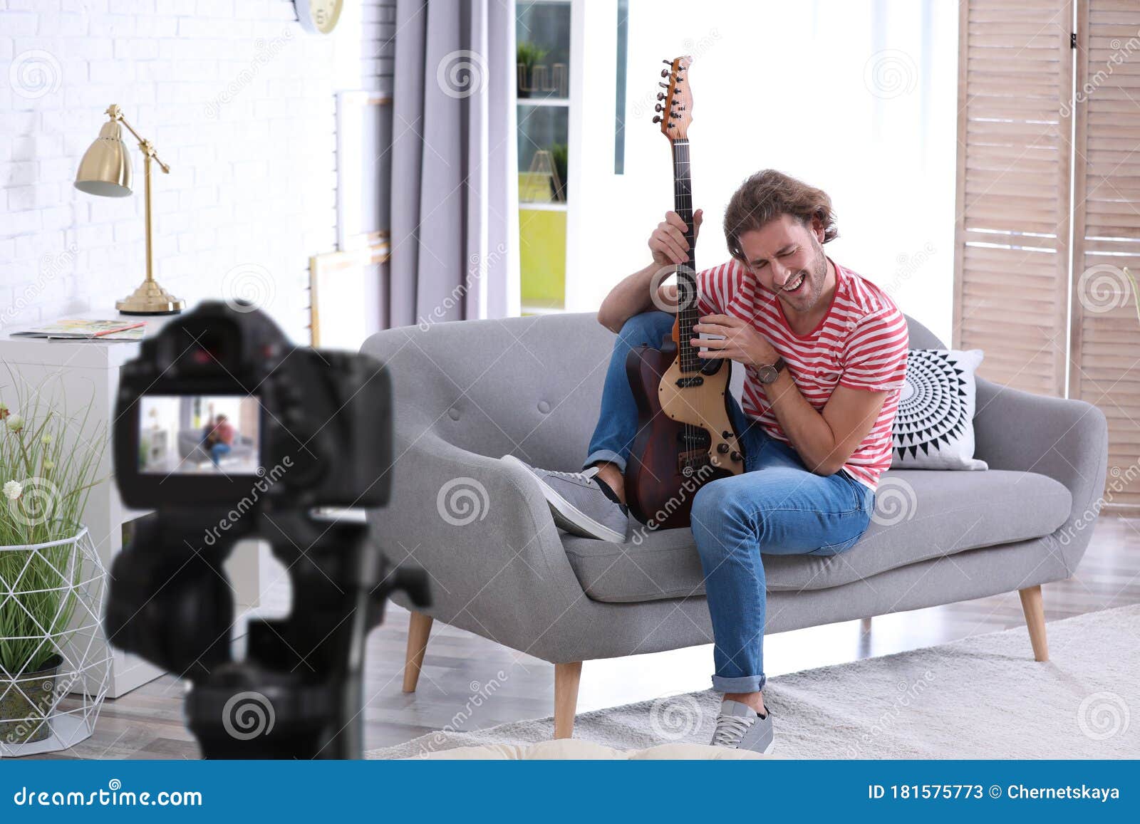 Music Teacher Recording Guitar Lesson Stock Image - Image of guitarist ...