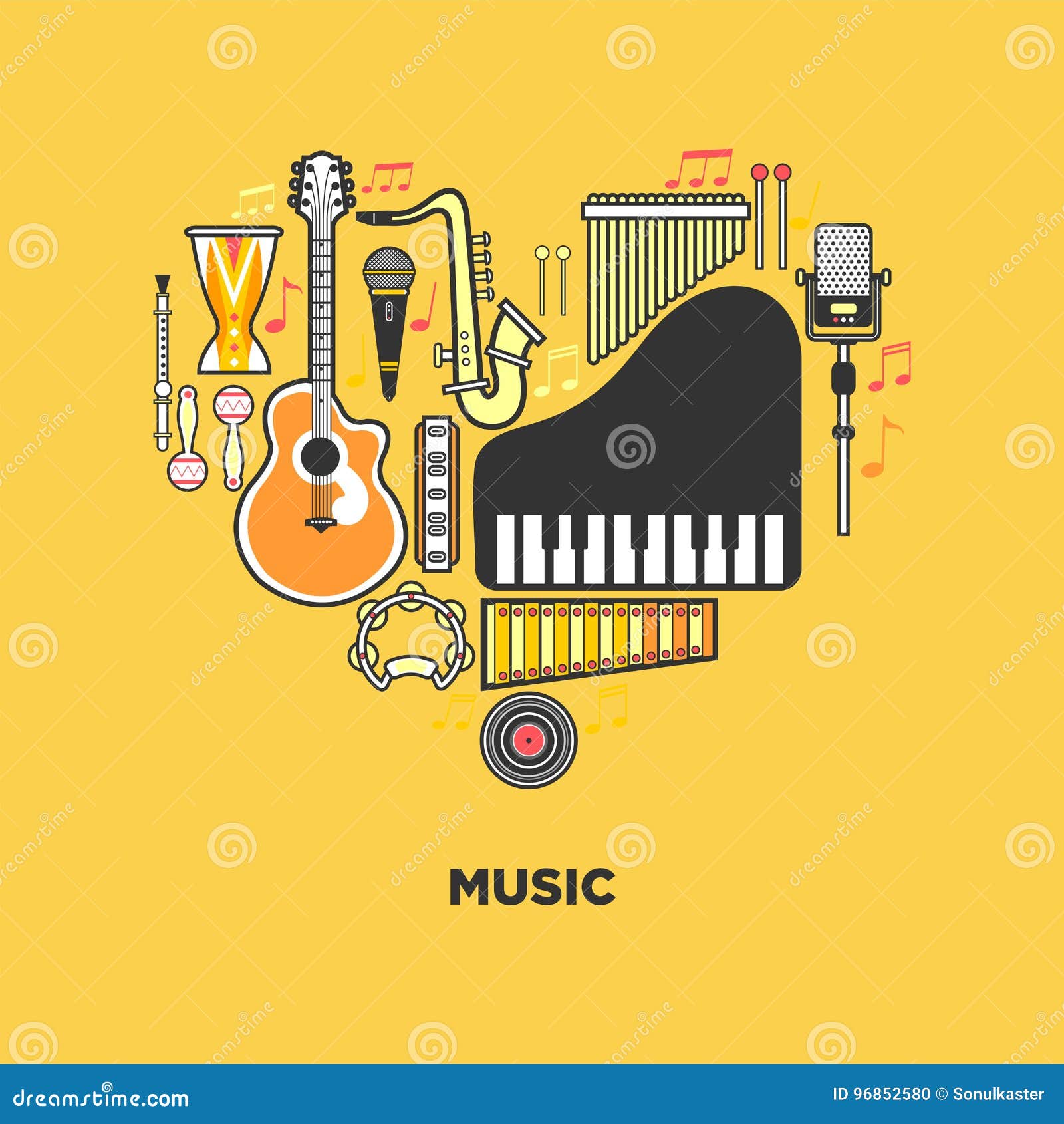 Music Themed Emblem with Instruments Formed in Heart Stock Vector ...