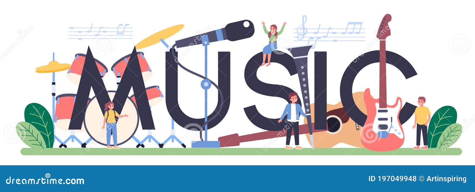 Music Typographic Header. Young Performer Playing Music with ...