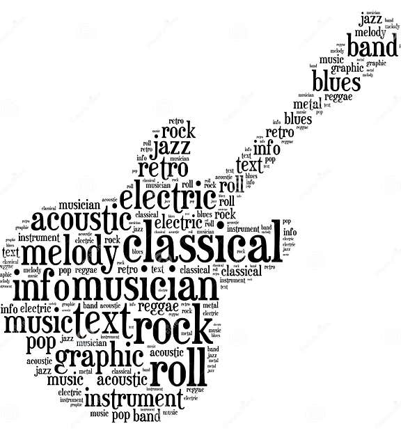 Music Word Cloud in Guitar Shape Stock Illustration - Illustration of ...