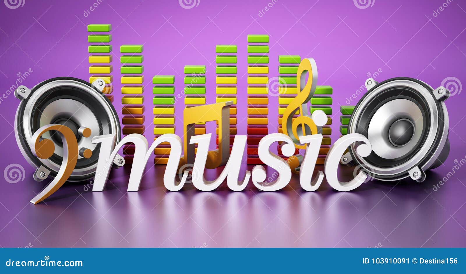 Music Word, Speakers, Music Notes and Equalizer. 3D Illustration Stock ...