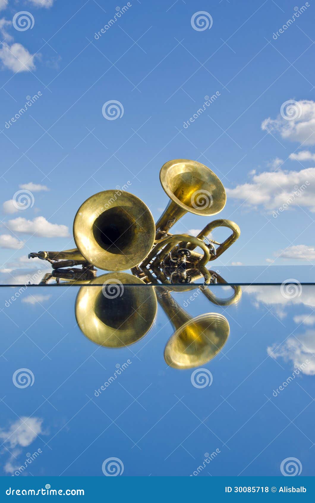 Musical Brass Wind Instruments on Mirror Stock Photo - Image of sound ...