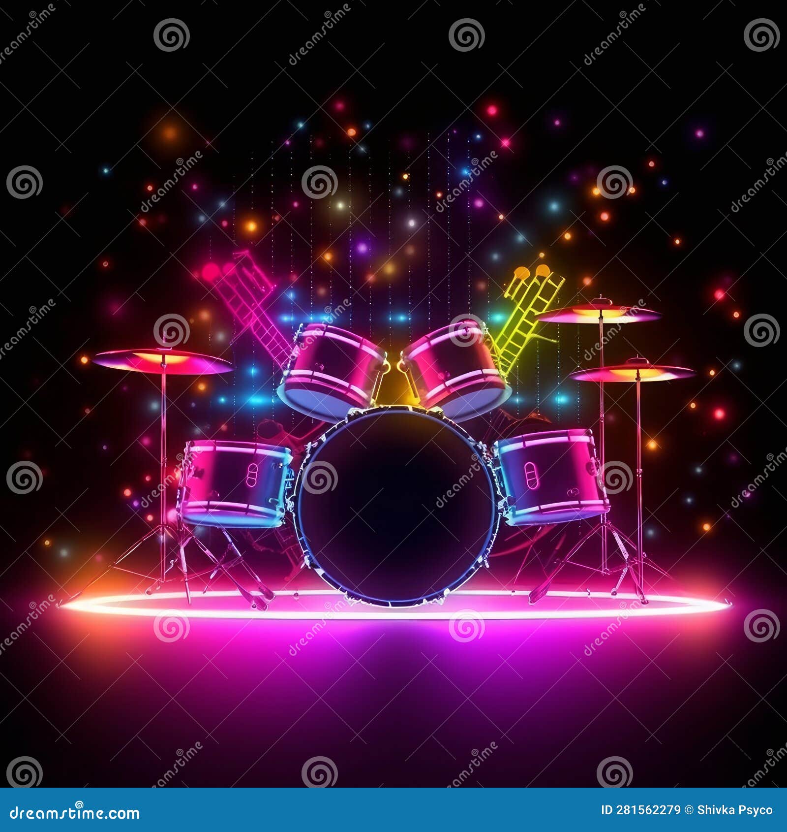 Musical Drums Neon Lighting Guitar on Glitter Background Generative AI ...