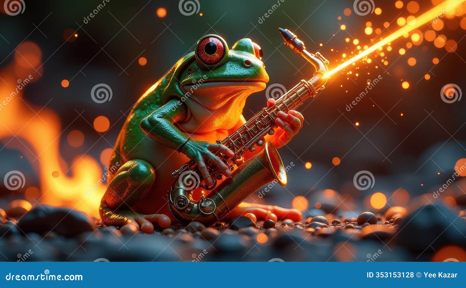 Musical Frog Playing Saxophone with Fire Sparks Stock Illustration ...