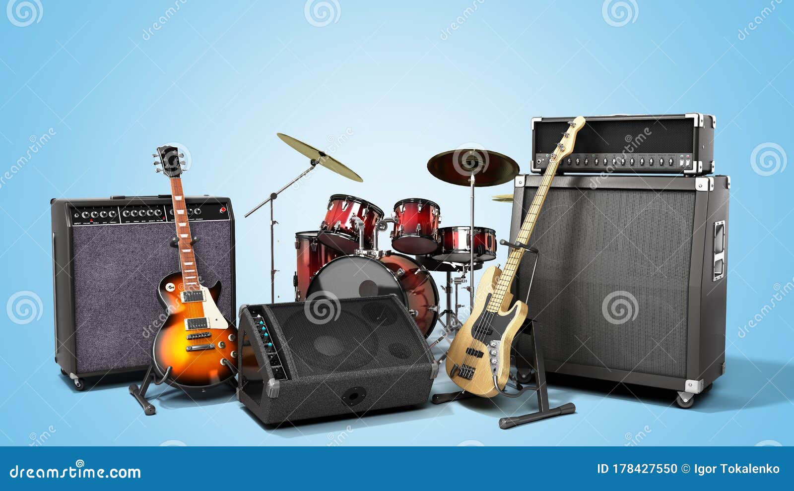 Musical Instrument Guitars and Speakers Instrumental Set 3d Render on ...