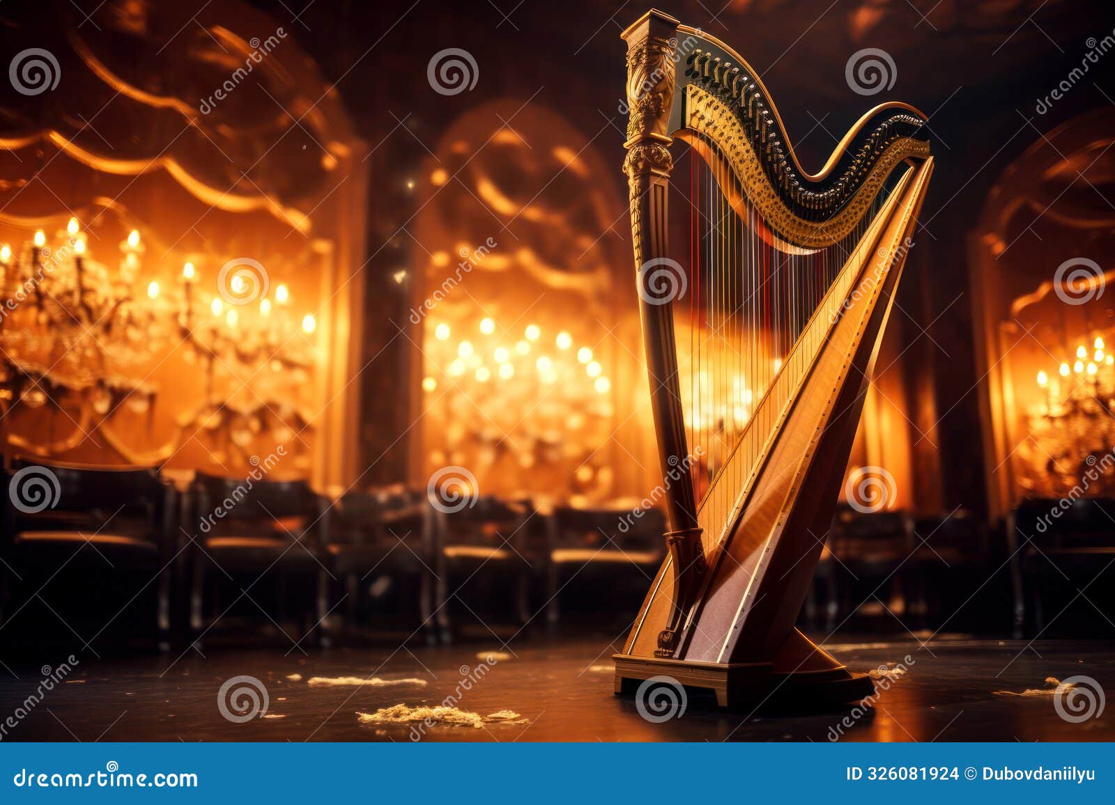 Musical Instrument Harp with Strings in Beautiful Dark Hall Close-up ...
