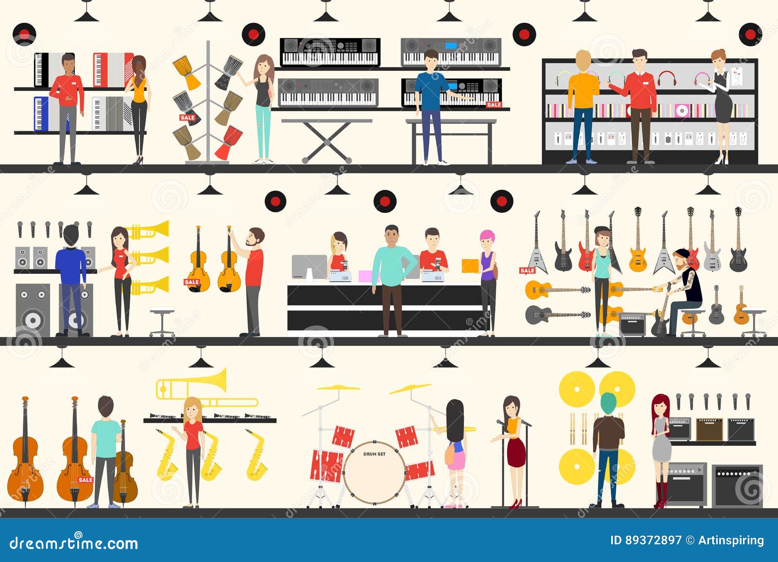 Musical instrument store stock vector. Illustration of saxophone - 89372897
