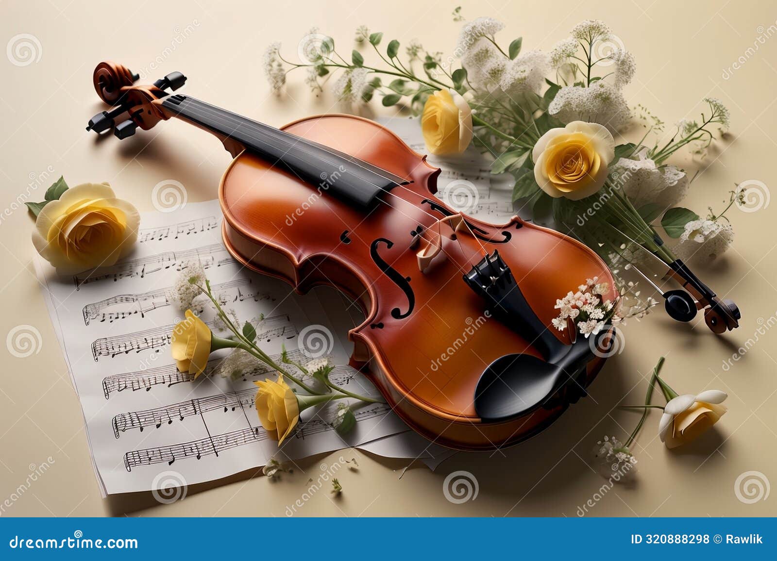 Musical Instrument, Violin with Notes and Flowers Stock Photo - Image ...