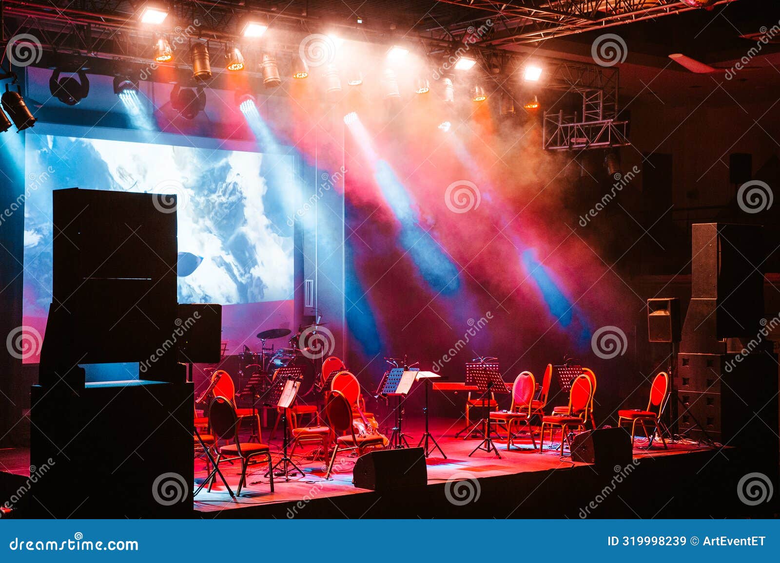 Musical Instruments, Chairs and Bright Spotlights on an Empty Stage ...