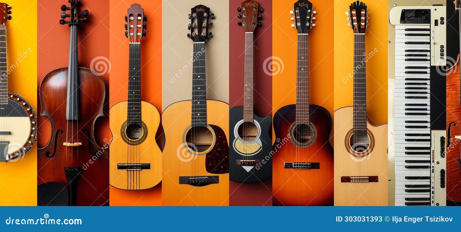 Musical Instruments Collage with White Vertical Lines and Segments in ...
