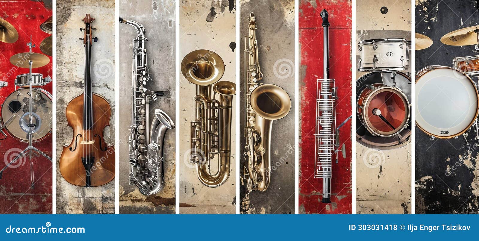 Musical Instruments Collage with White Vertical Lines and Segments in ...