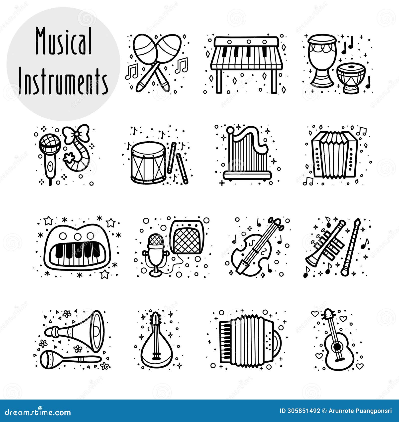 Musical Instruments in Cute Doodle Style, Hand Drawn Black and White ...