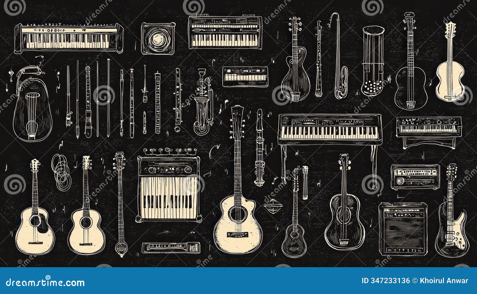 H Drawn Musical Instruments on Blackboard Background Stock Illustration ...