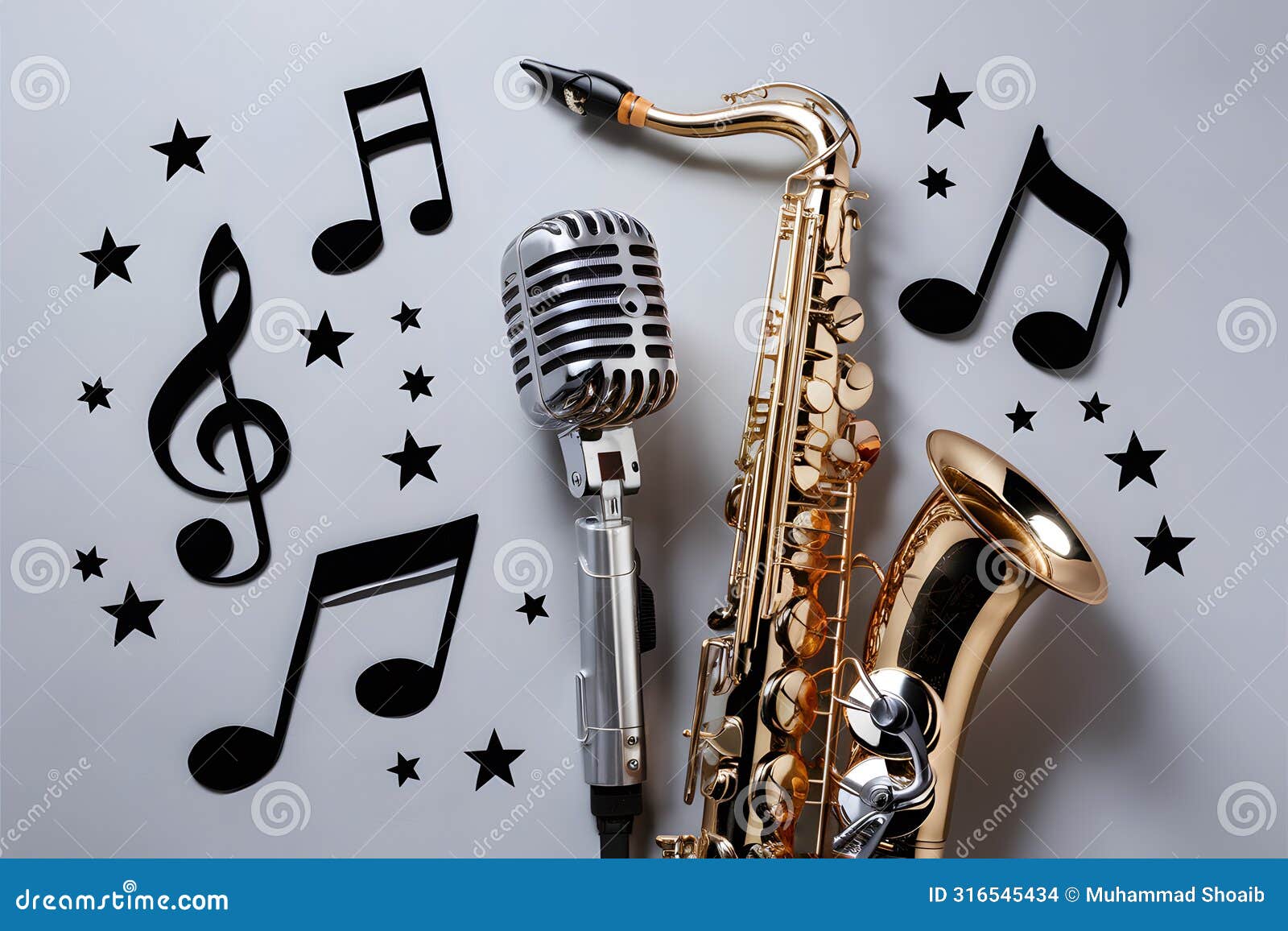 Musical Instruments on Gray Background with Notes and Stars Stock ...