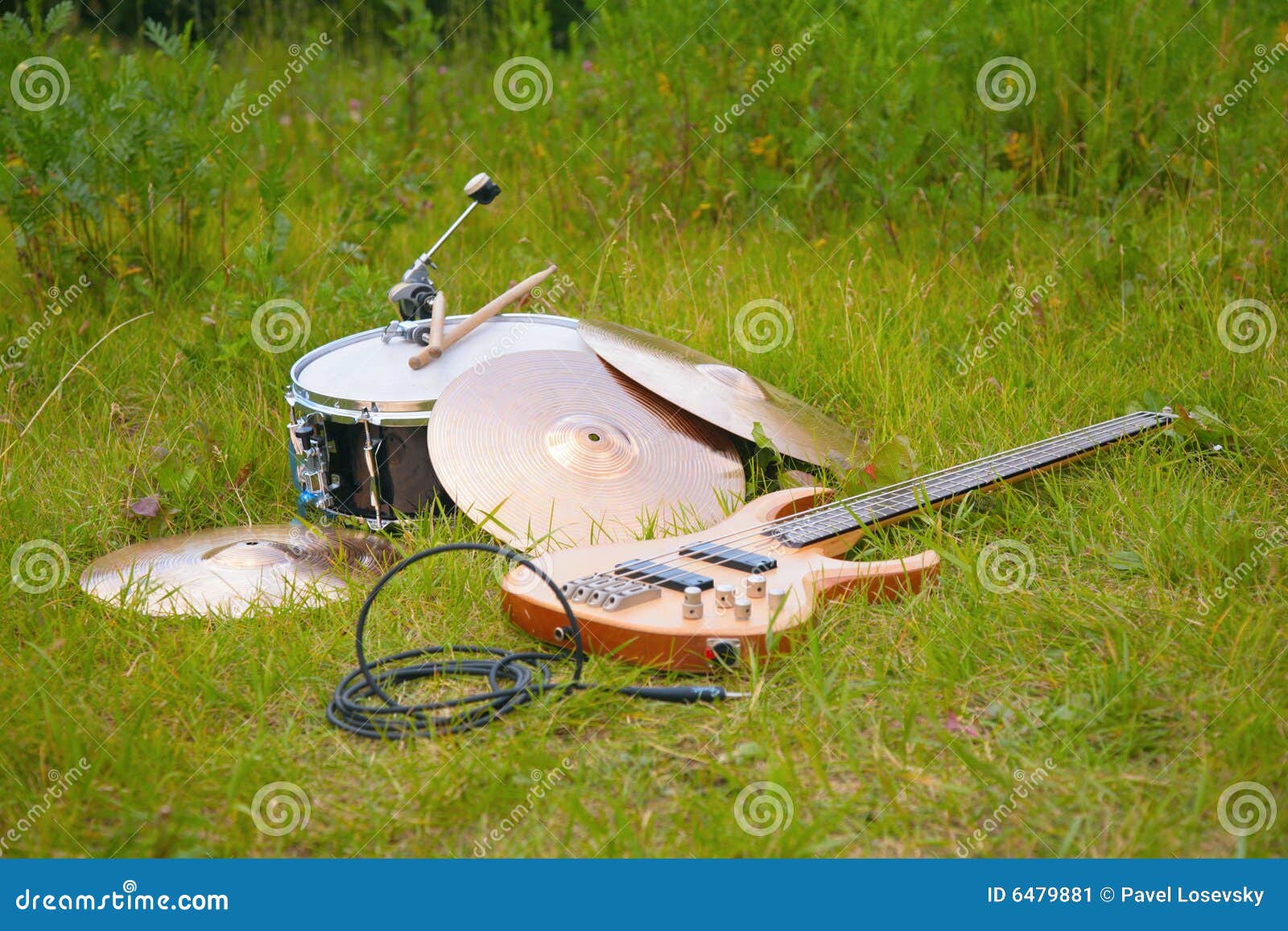 Musical Instruments, Guitar, Drum, Plates on Grass Stock Image - Image ...