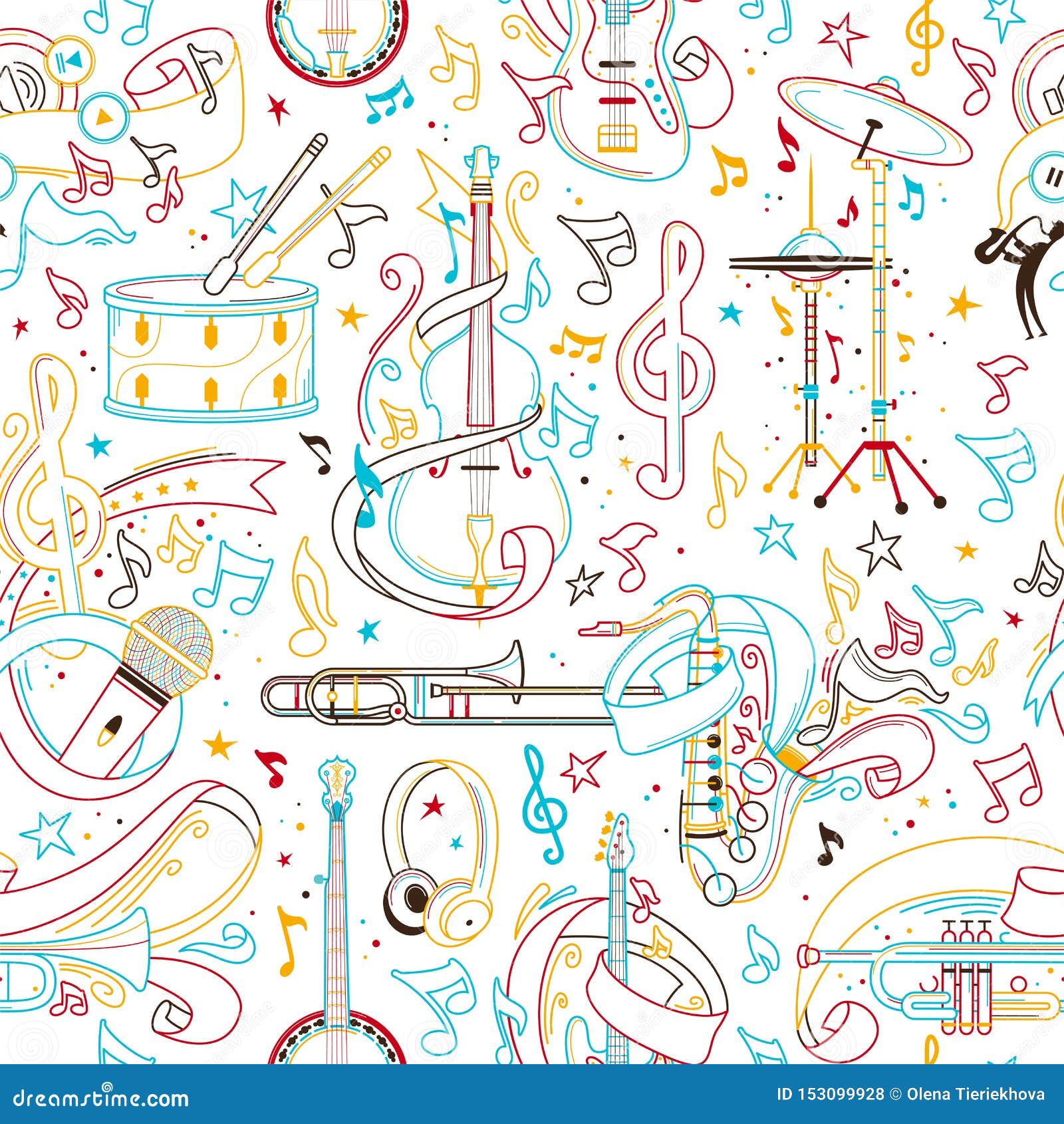 Musical Instruments Hand Drawn Outline Seamless Pattern Stock Vector ...