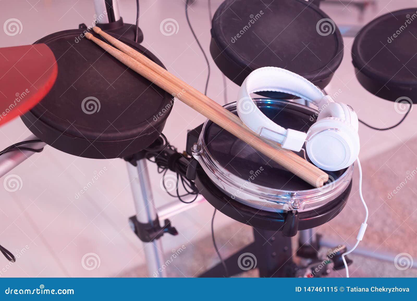 Musical Instruments, Hobby and Music Concept - Headphone, Drumsticks on ...
