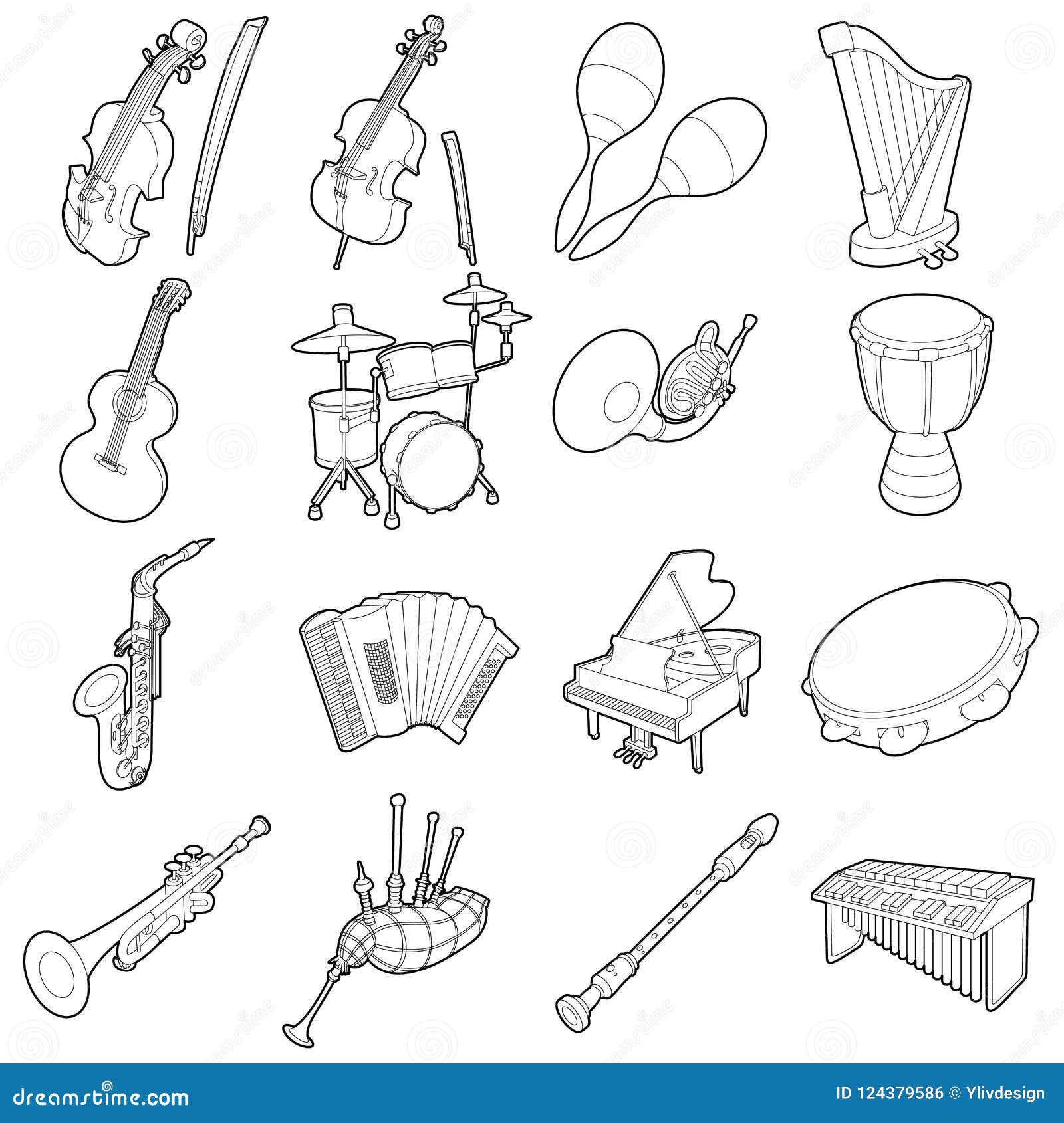 Musical Instruments Icons Set, Outline Cartoon Stock Illustration ... Musical Instruments Icons Set, Outline Cartoon Stock Illustration ...
