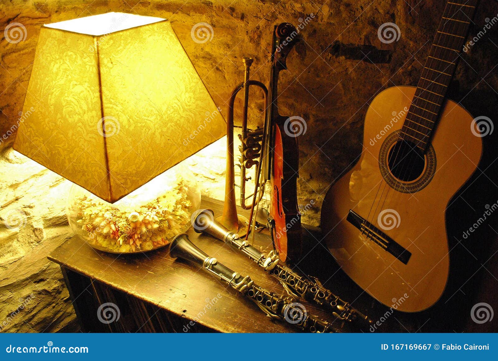 Musical Instruments and a Lamp Stock Image - Image of light, trumpet ...
