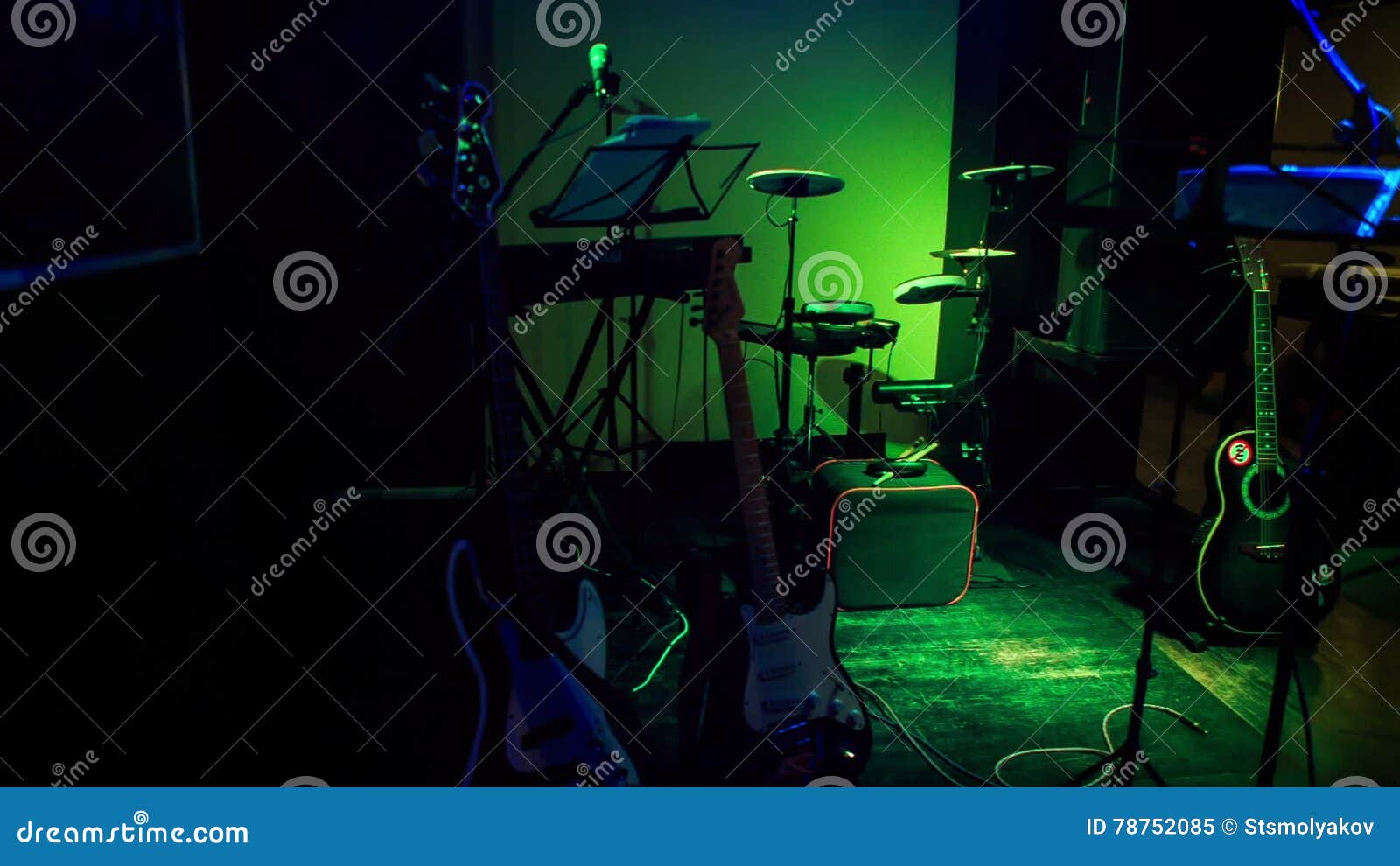 Musical Instruments on Night Bar Stage Under Light Flashes Stock Video ...